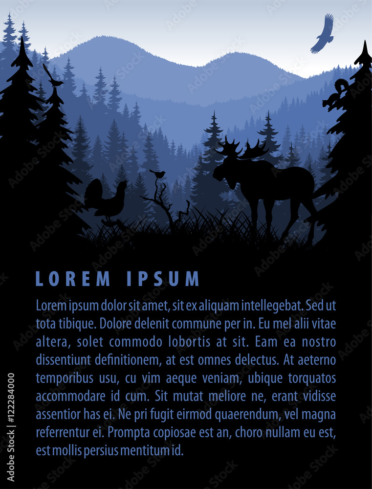 vector forest background design template with mountains and animals ...