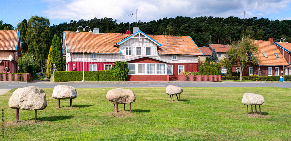 Traditional Lithuanian wooden and half-timber houses in the countryside ...