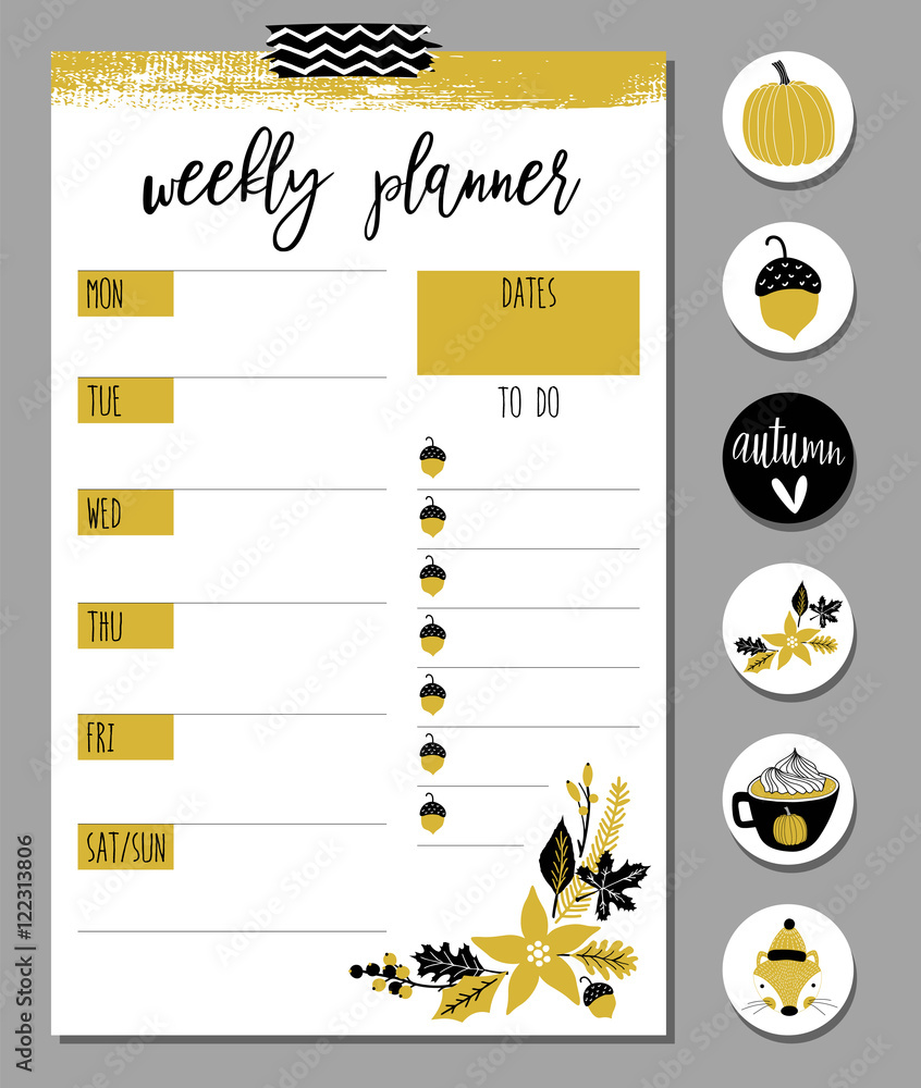Organizer and Schedule set with Notes list, stickers, flags, tags ...