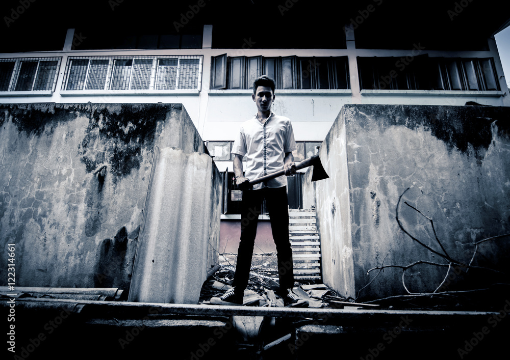 Serial killer with hatchet,Scary background for book cover ideas Stock ...