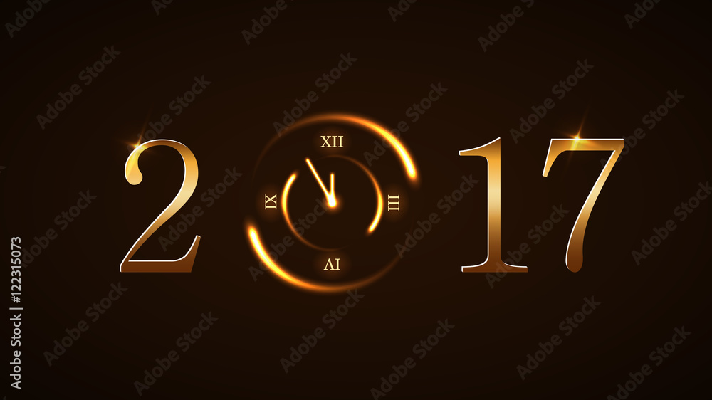 Happy New Year background with magic gold clock countdown five minute ...