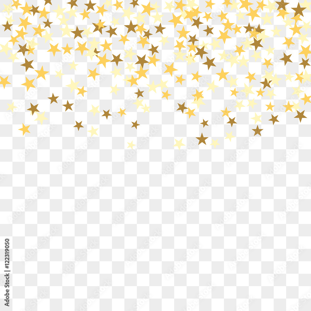 Gold star confetti celebration, isolated on transparent background. Falling golden abstract ...