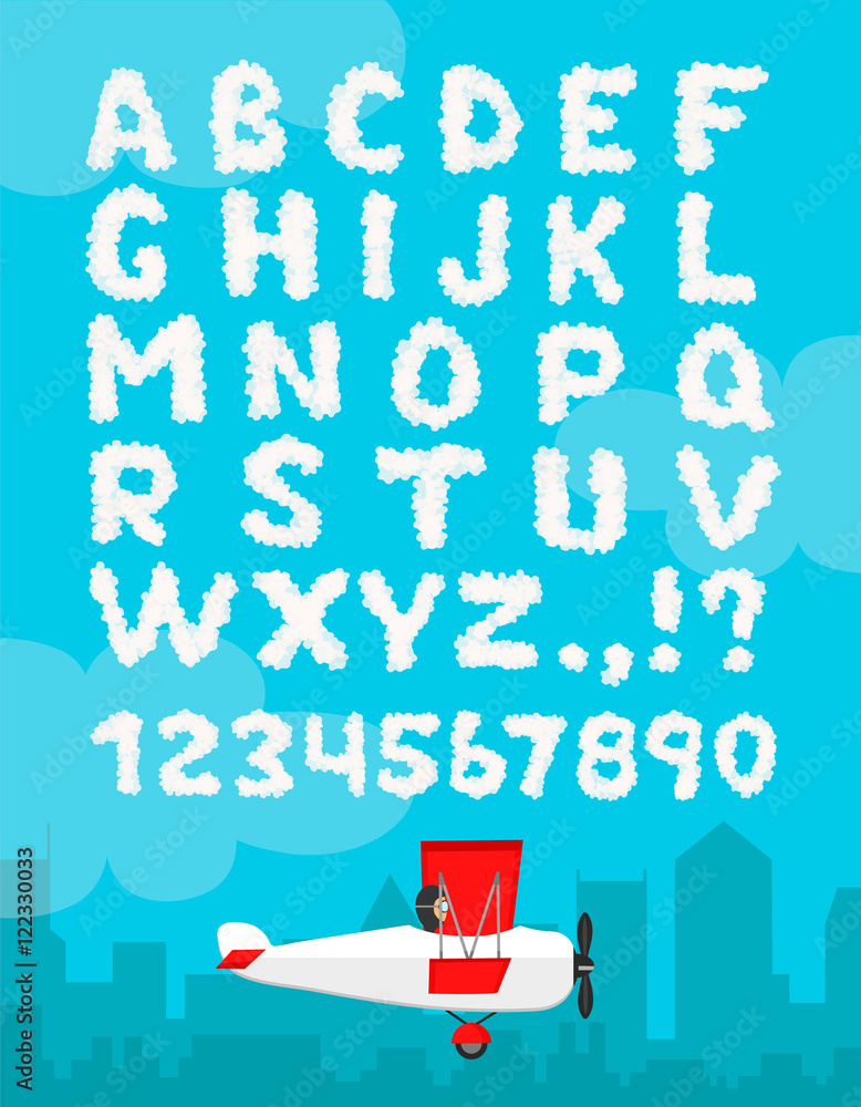 Vector illustration of cloud alphabet isolated on a blue sky and city ...