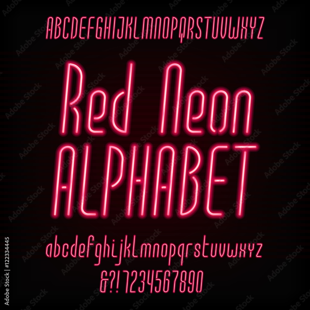 Red neon typeface. Modern oblique alphabet. Uppercase and lowercase ...