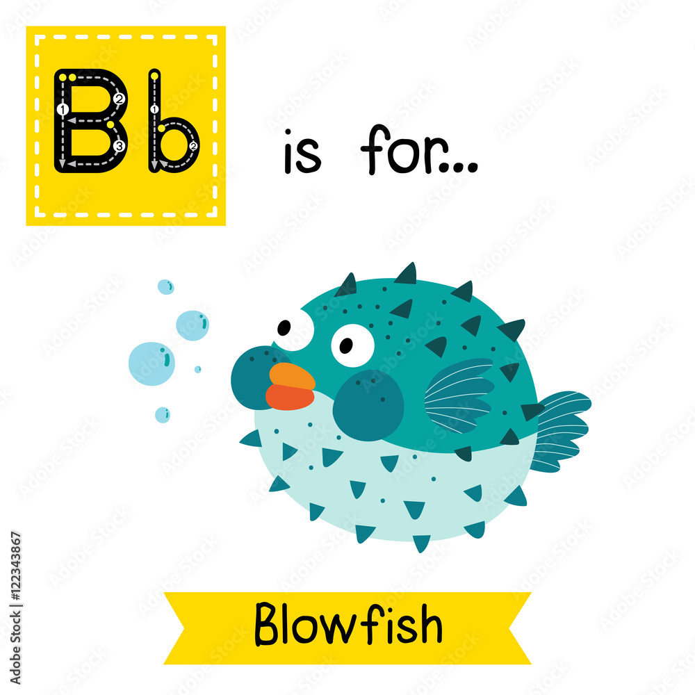 B letter tracing. Blue Blowfish. Cute children zoo alphabet flash card ...