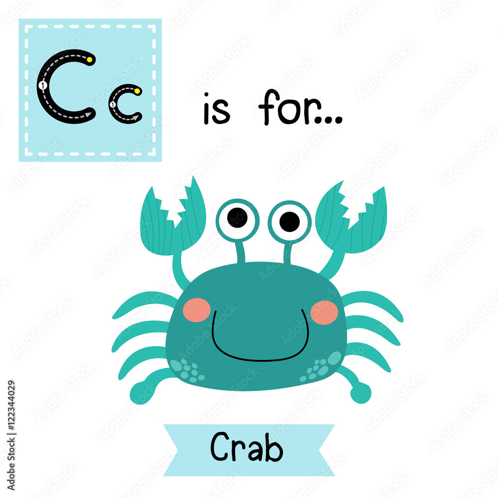C letter tracing. Happy blue Crab. Cute children zoo alphabet flash ...