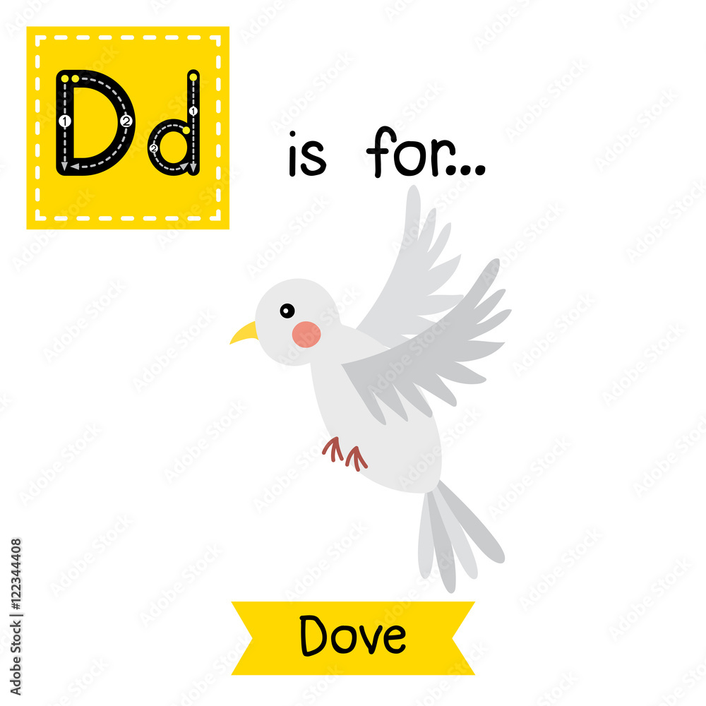 D letter tracing. Flying Dove bird. Cute children zoo alphabet flash ...