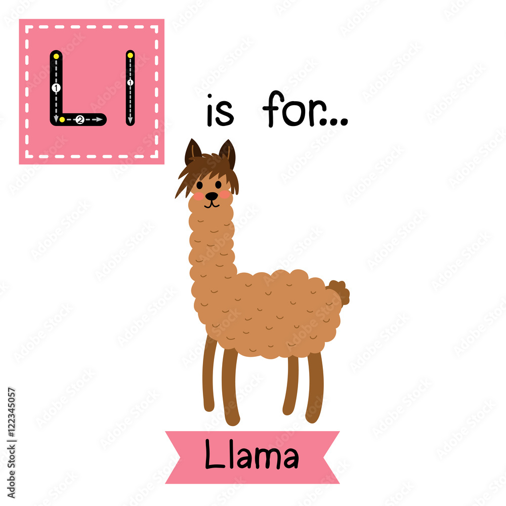 L letter tracing. Brown Llama. Cute children zoo alphabet flash card ...