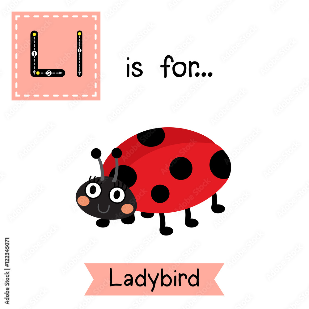 L letter tracing. Ladybird. Cute children zoo alphabet flash card ...