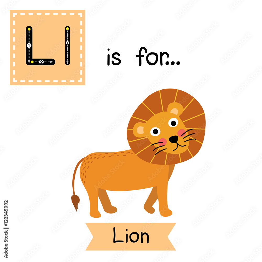 L letter tracing. Lion. Cute children zoo alphabet flash card. Funny ...