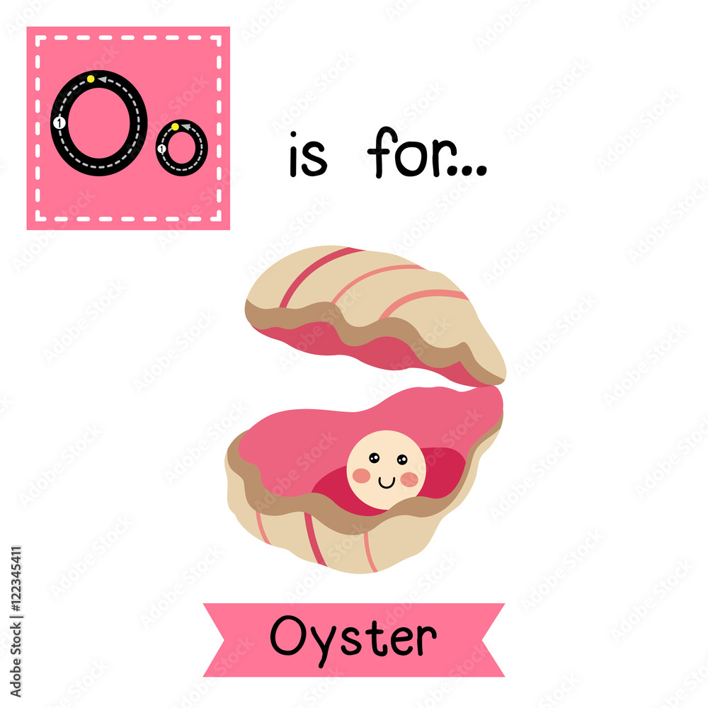 O letter tracing. Oyster with a pearl. Cute children zoo alphabet flash card. Funny cartoon ...