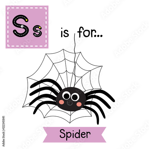 S letter tracing. Black Spider with spider web. Cute children zoo ...