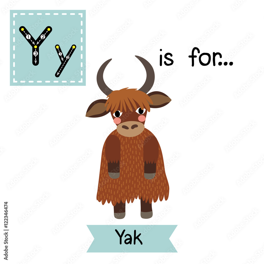 Y letter tracing. Yak standing on two legs. Cute children zoo alphabet ...