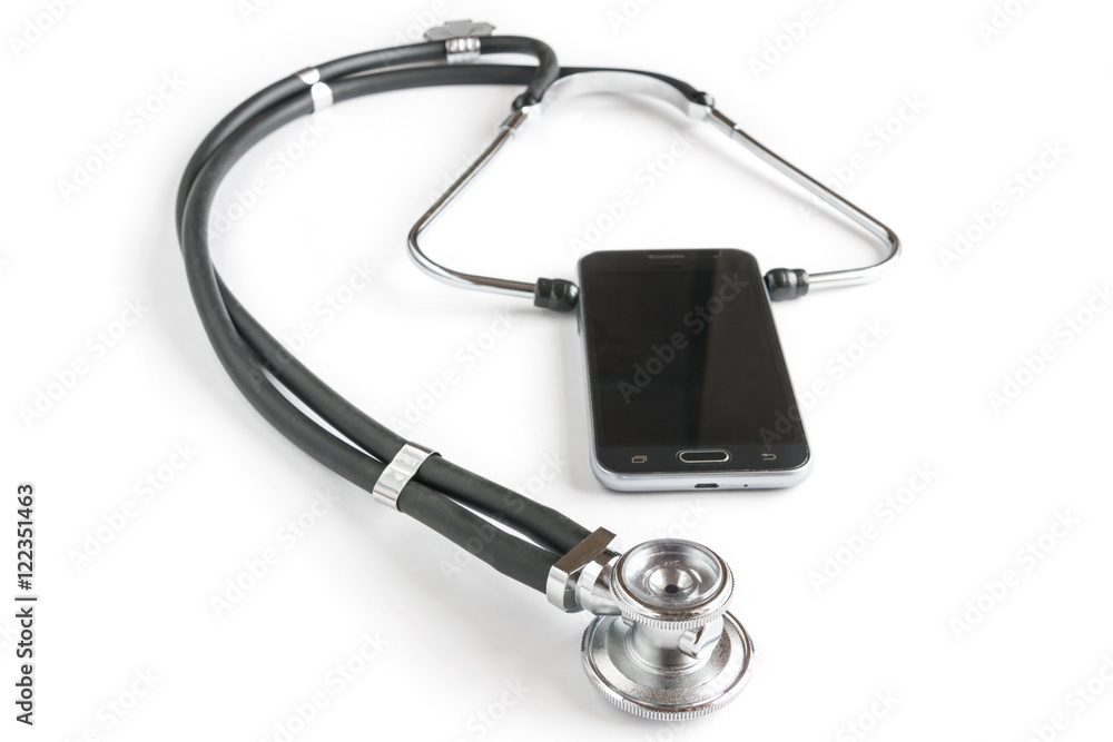 Stethoscope, mobile smart phone is listening with a stethoscope on a ...