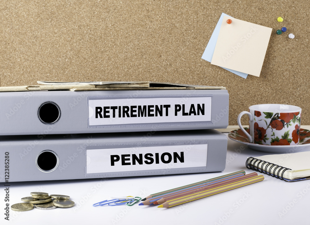 Retirement Plan and Pension - two folders on white office desk. foto de ...