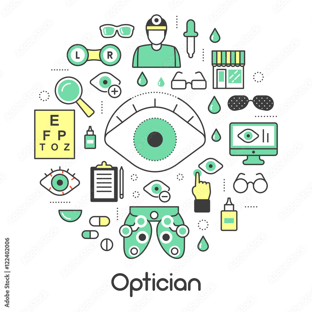 Optician Thin Line Vector Icons Set with Optometry Technology and ...