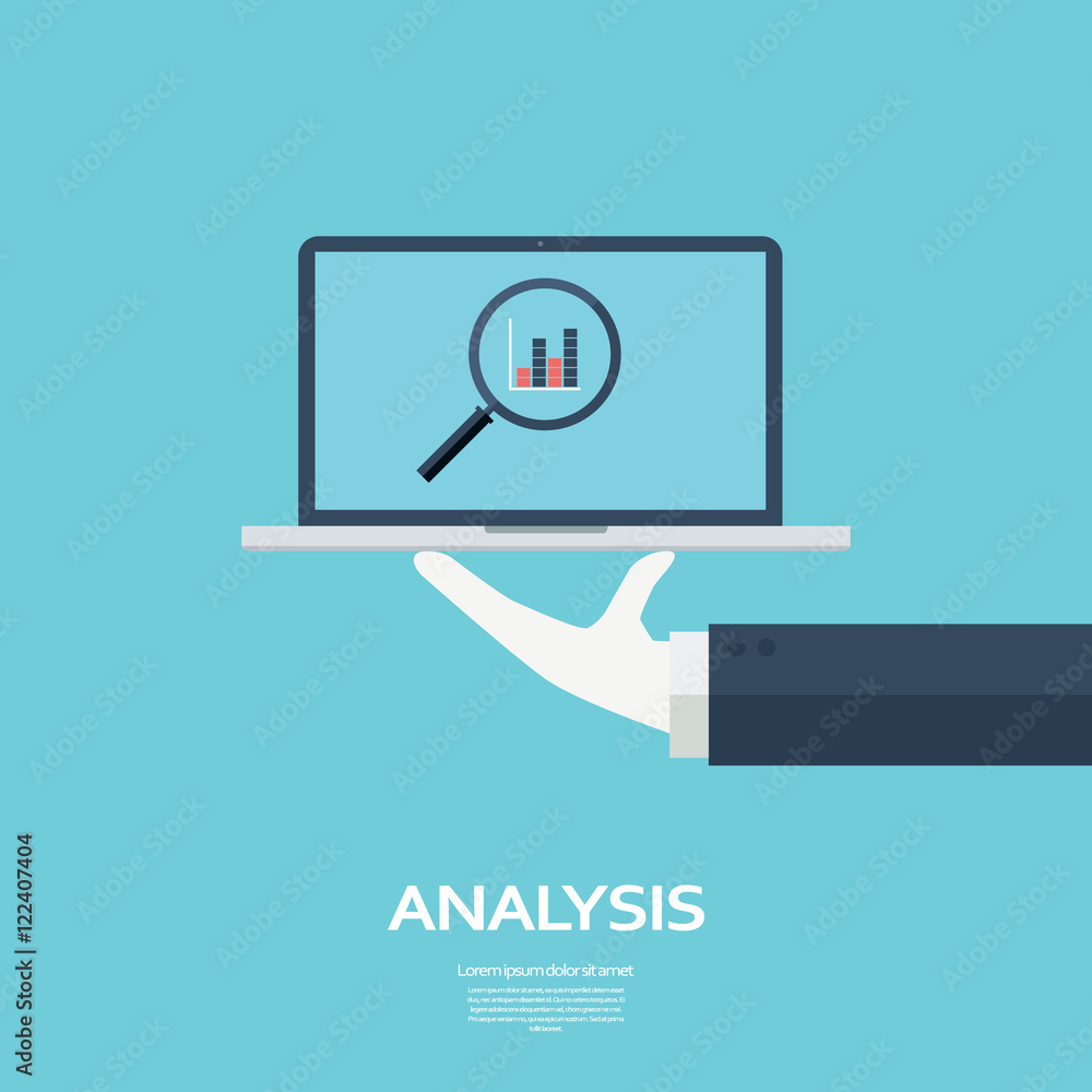 Computer analysis background with laptop and serving hand. Business ...