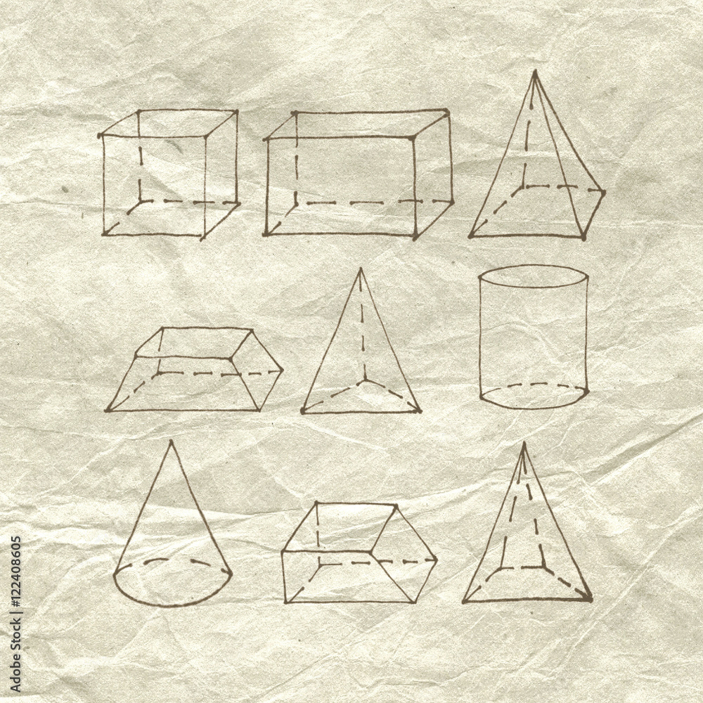 Digital 2d freehand sketch black pen drawing of solid figures on old ...