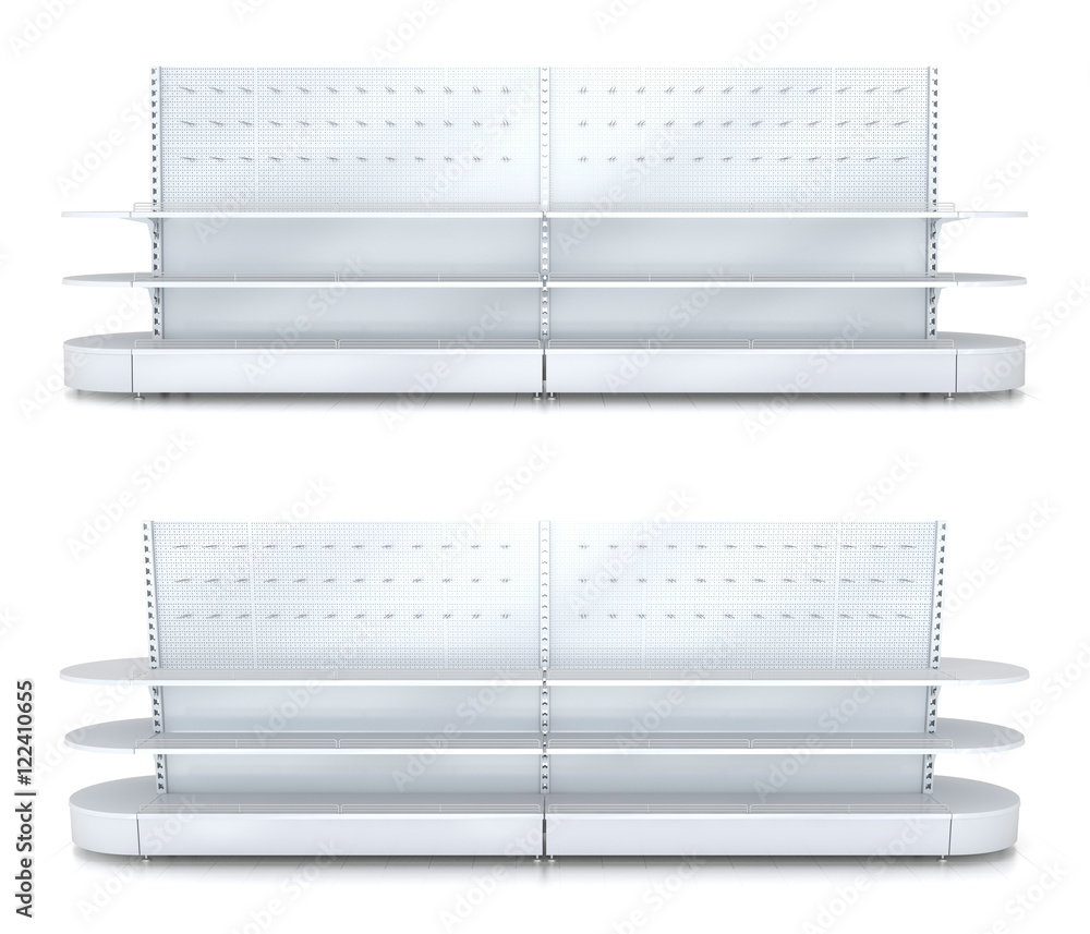 Supermarket shelves with peg on a pegboard. Retail store equipment. 3d ...