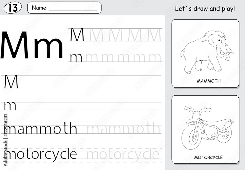 Cartoon mammoth and motorcycle. Alphabet tracing worksheet: writ Stock ...