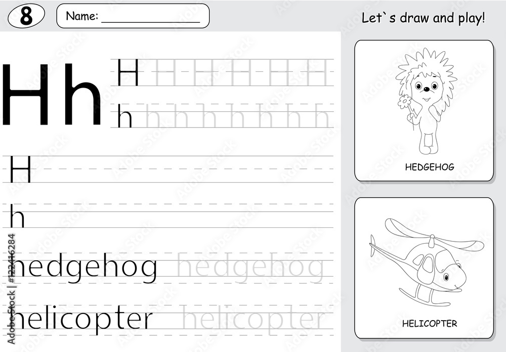 Cartoon hedgehog and helicopter. Alphabet tracing worksheet: wri Stock ...