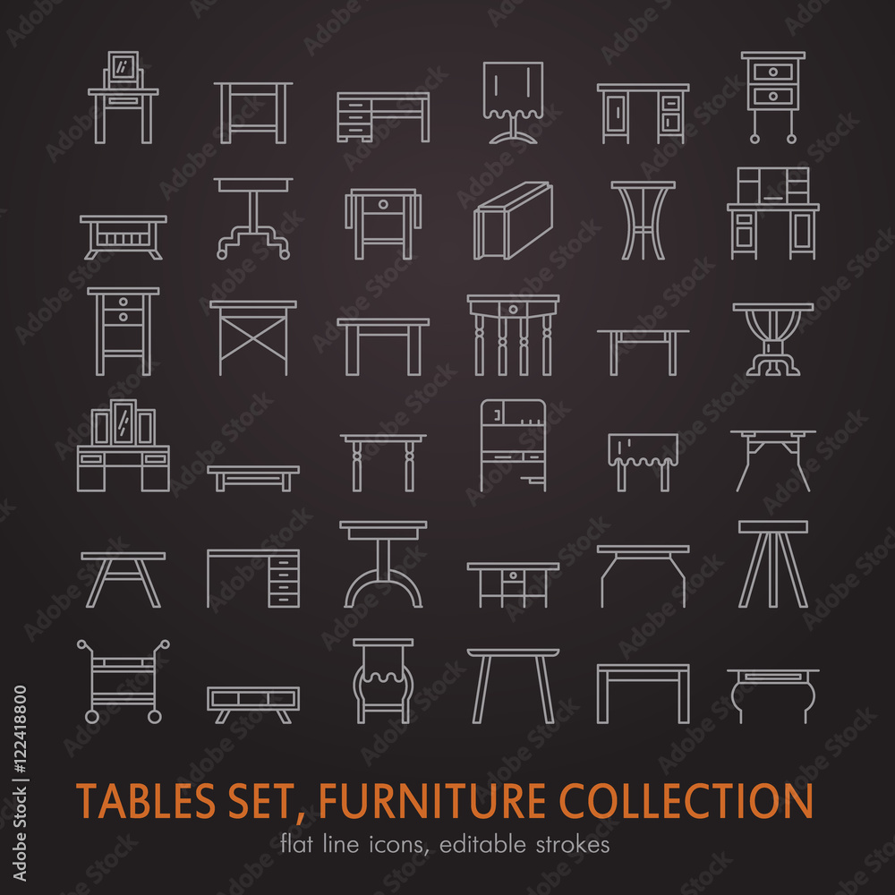 Vector furniture line icons, table symbols. silhouette of different ...