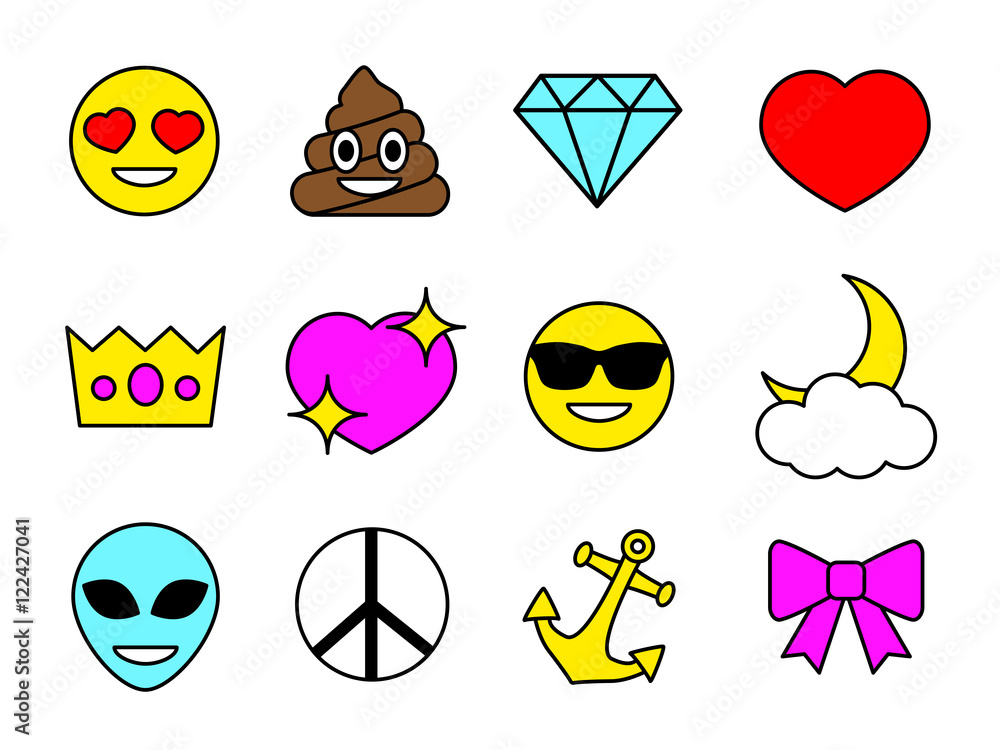 Emoji design set. Emoticon Pins or Patches, Stamps, Icons, Stickers ...