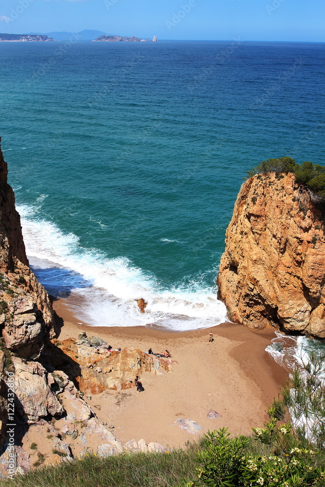 Aerial view of "La Roca Roja" beach in "La Costa Brava" region. This is ...
