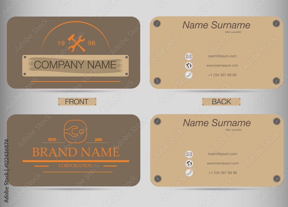 Business card set template. Flat design. Wrench and mechanisms. Service ...