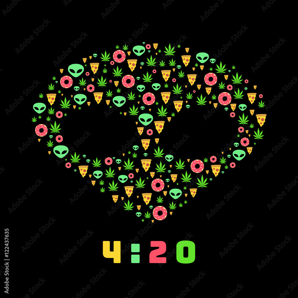 Dope trip flat vector pattern with marijuana leafs, donuts, pizza ...