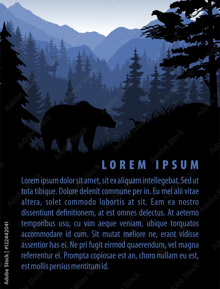 vector forest background design template with mountains and animals ...