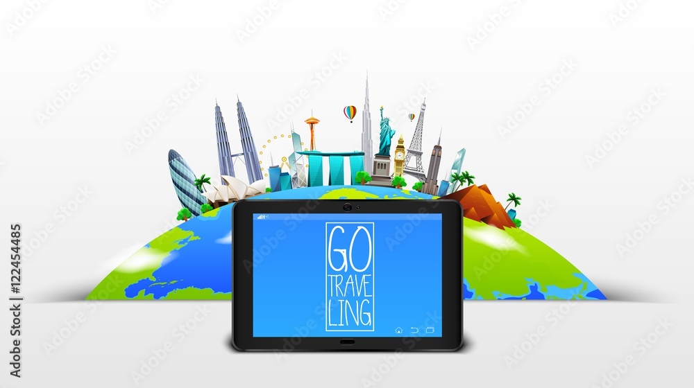 Famous monuments of the world on planet Earth on blue sky background ...
