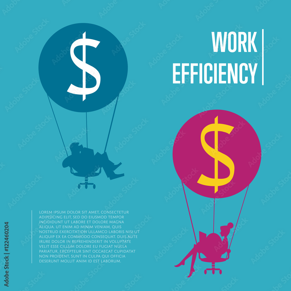 Silhouettes of business people flying on hot air balloon with office ...