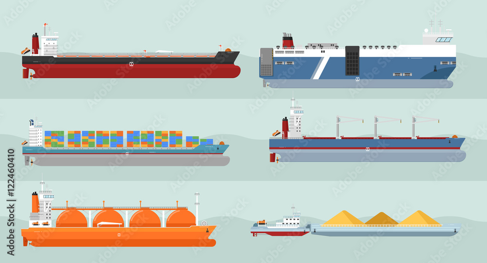Set of cargo ships vectors. Flat design. Ferry, container, freighter ...