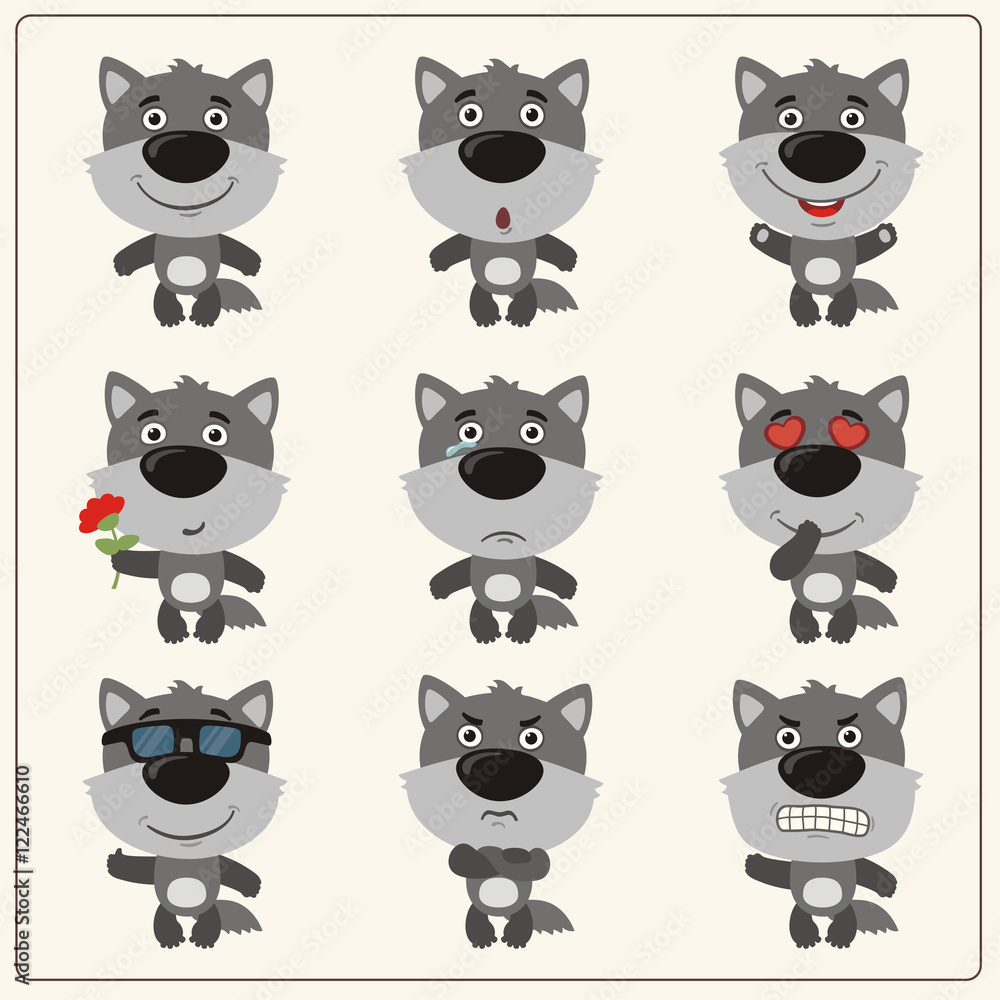 Vector set isolated emotion wolf. Collection cute wolf in cartoon style ...