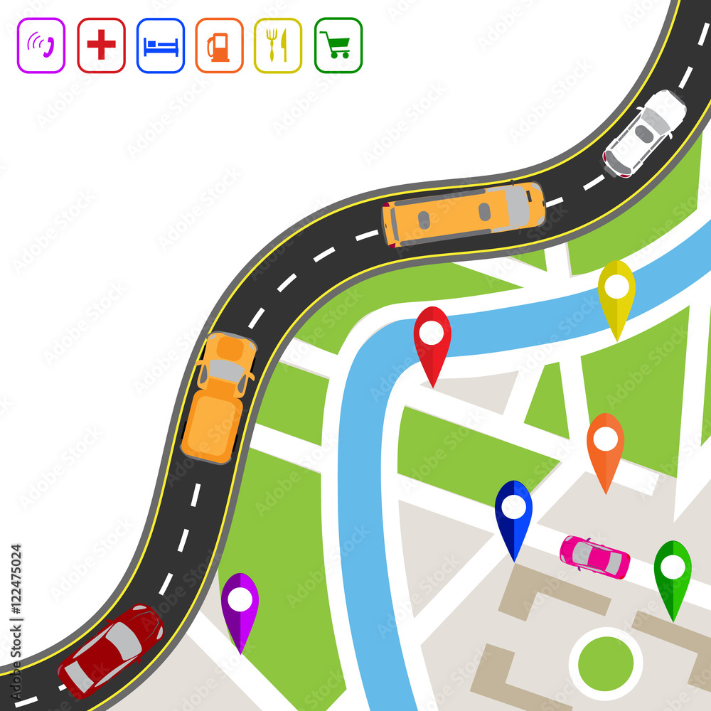 Road infographics. Winding road with markers on the map terrain. The ...