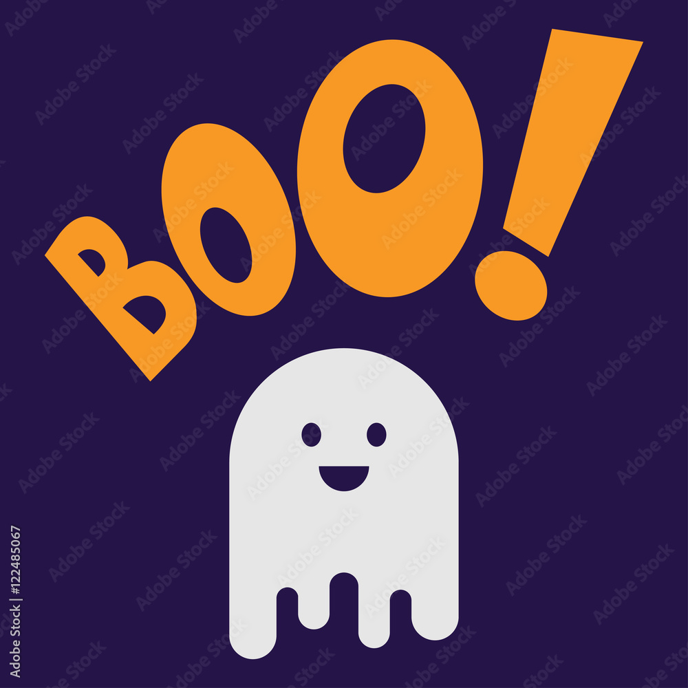 Icono plano BOO y fantasma sonriendo sobre fondo azul oscuro Stock ...