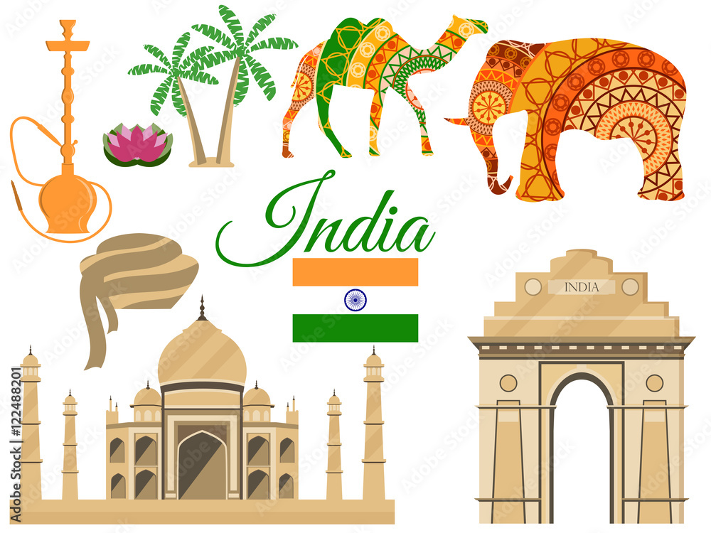 Travel to India, India's traditional symbols, icons attractions. Vector ...