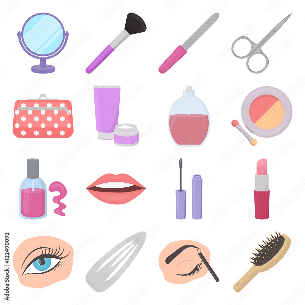 Make up set icons in cartoon style. Big collection of make up vector ...