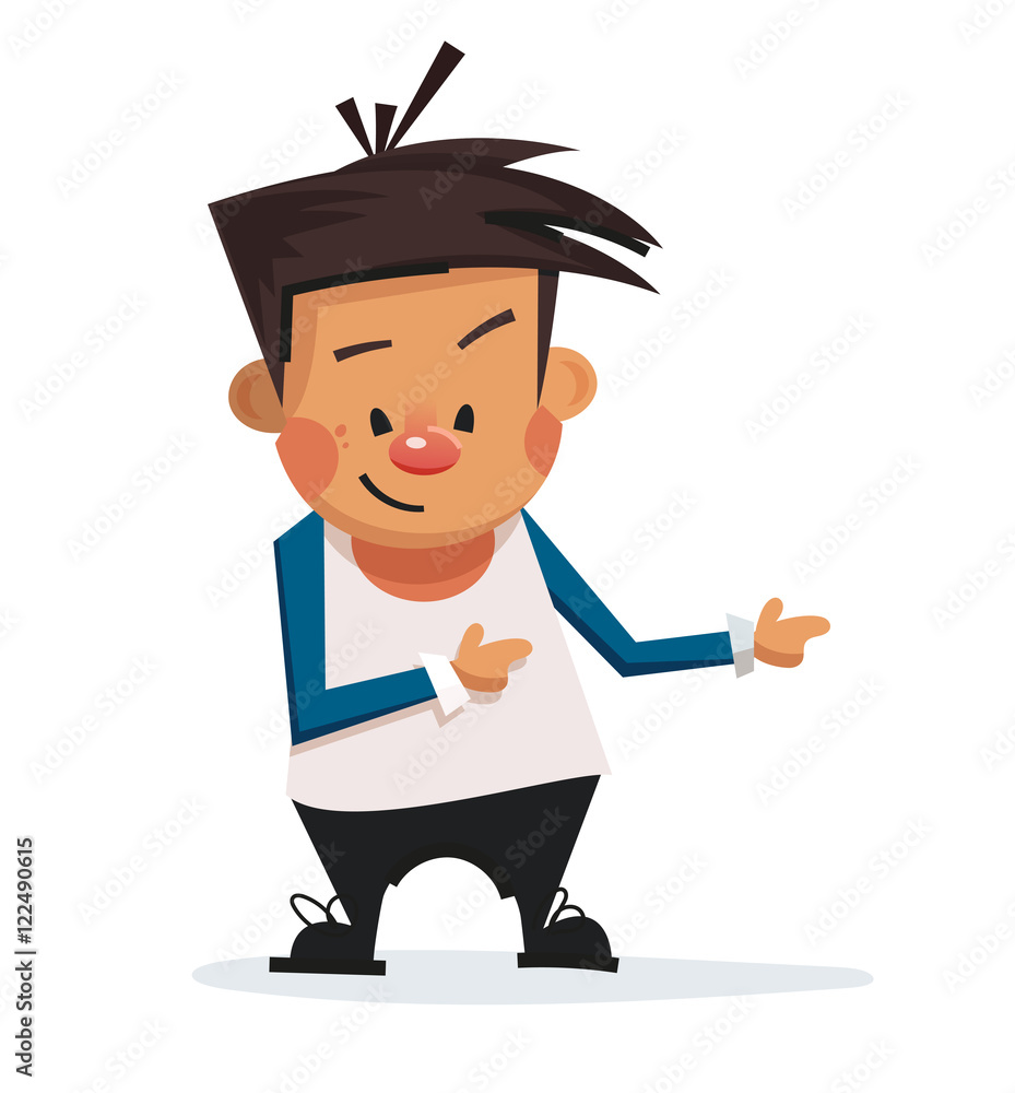 Happy young boy vector illustration. Boy point to the right. Cute boy ...