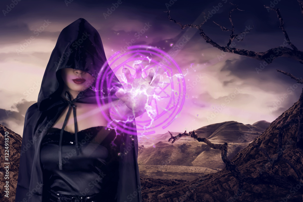 Young asian witch woman show pink pentagram in his hand Stock Photo ...