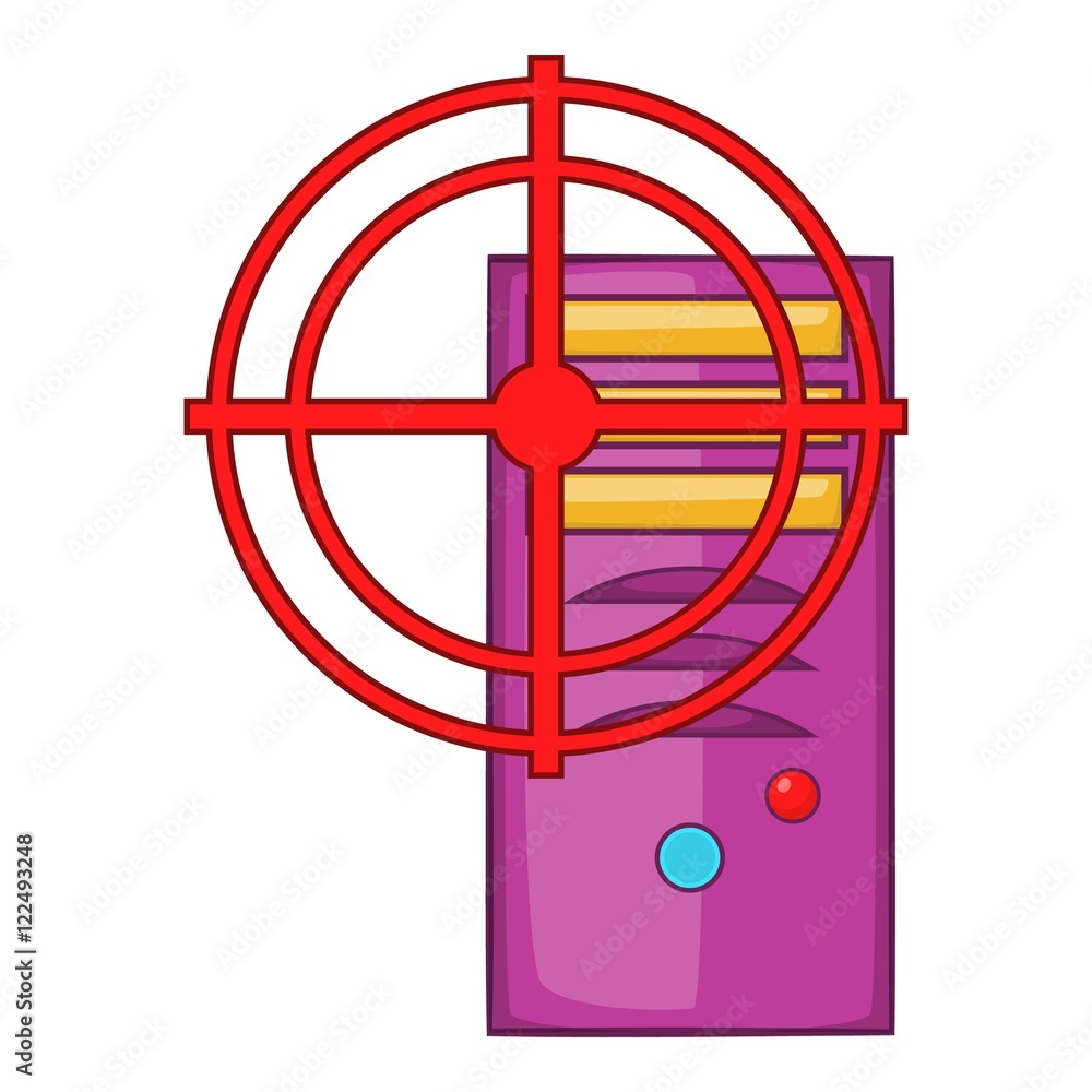 Computer system with red target icon in cartoon style isolated on white ...