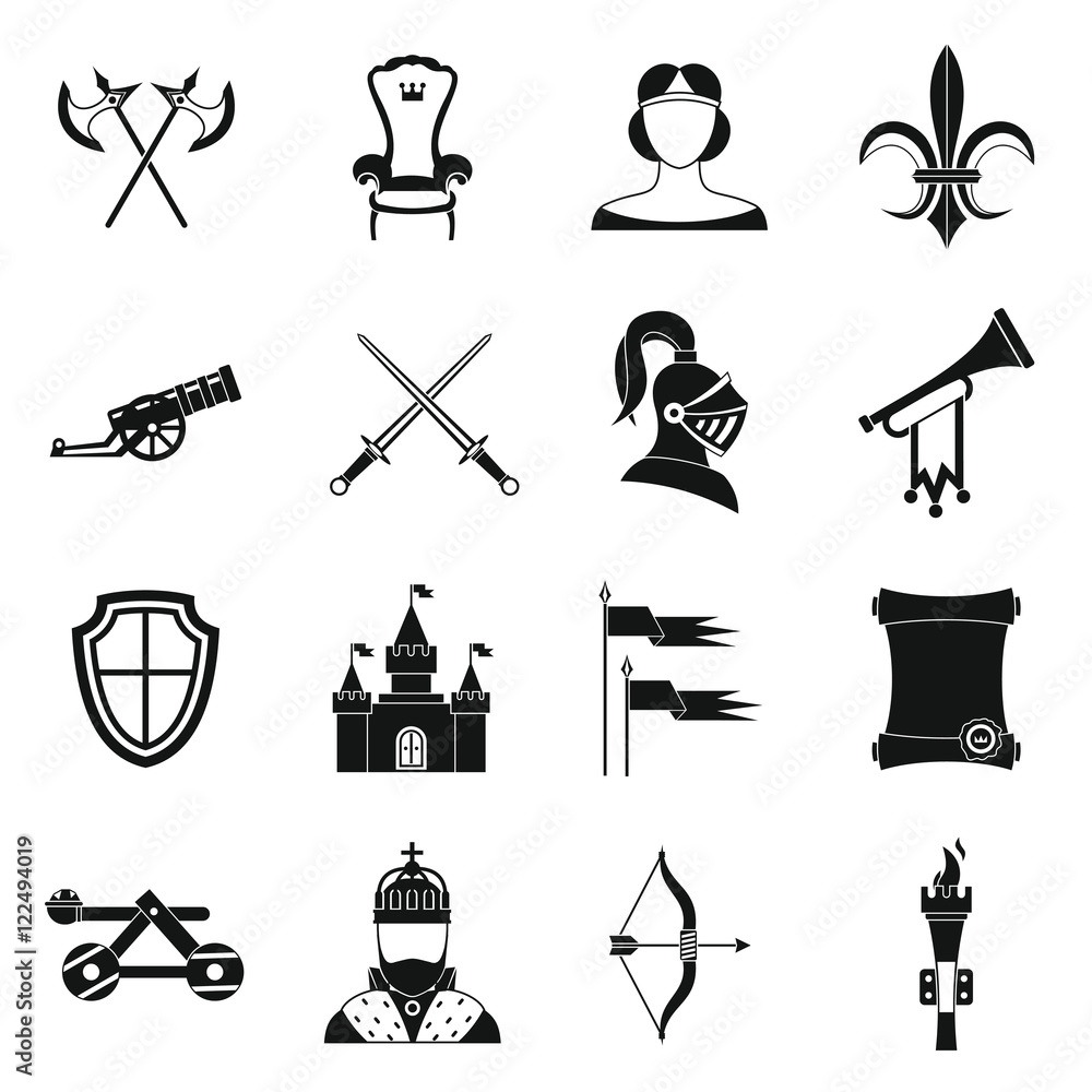 Knight medieval icons set in simple style. Middle ages warrior weapons ...