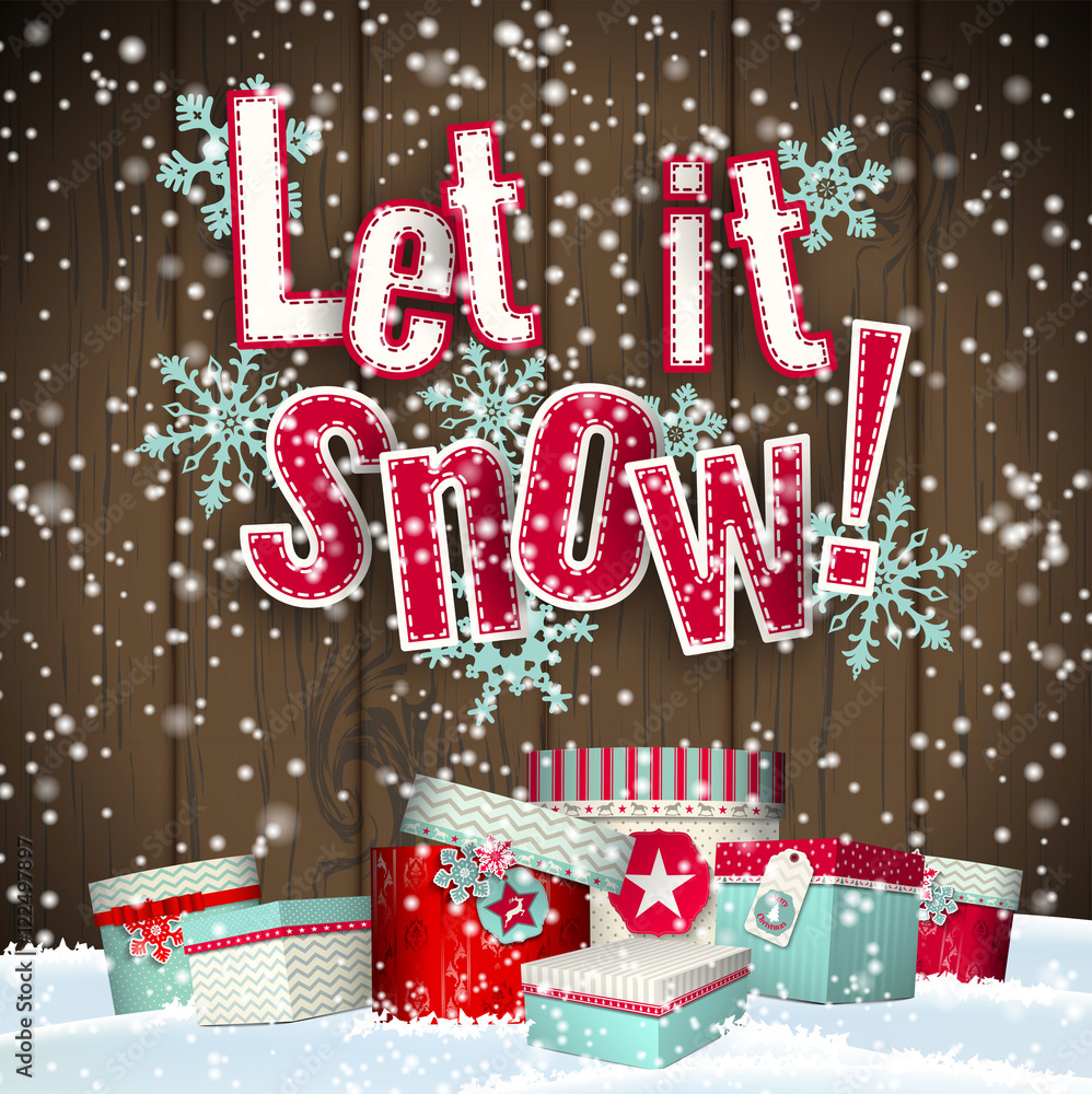 Let it snow, red text on brown wooden background with 3d effect and ...
