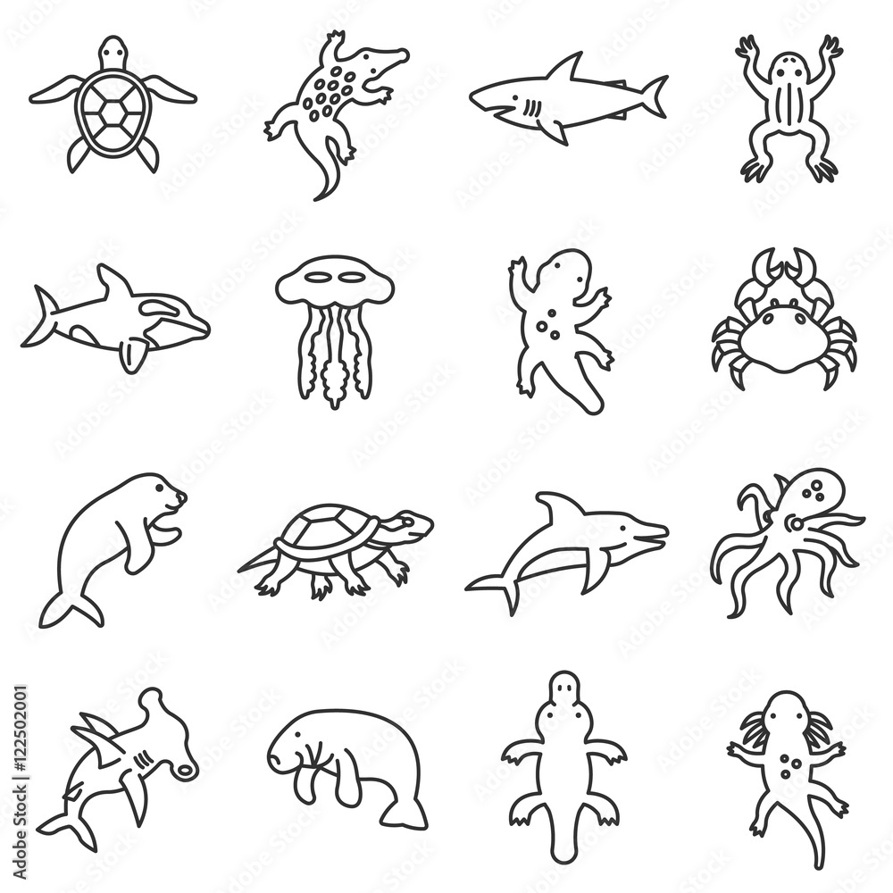 Aquatic animals icons set, line style. Animals living in the seas ...