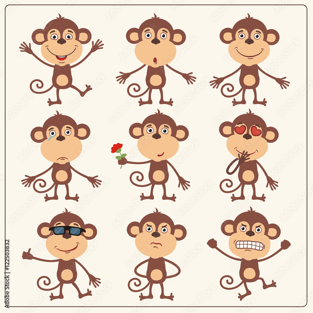 Vector set isolated emotion monkey. Collection cute monkey in cartoon ...