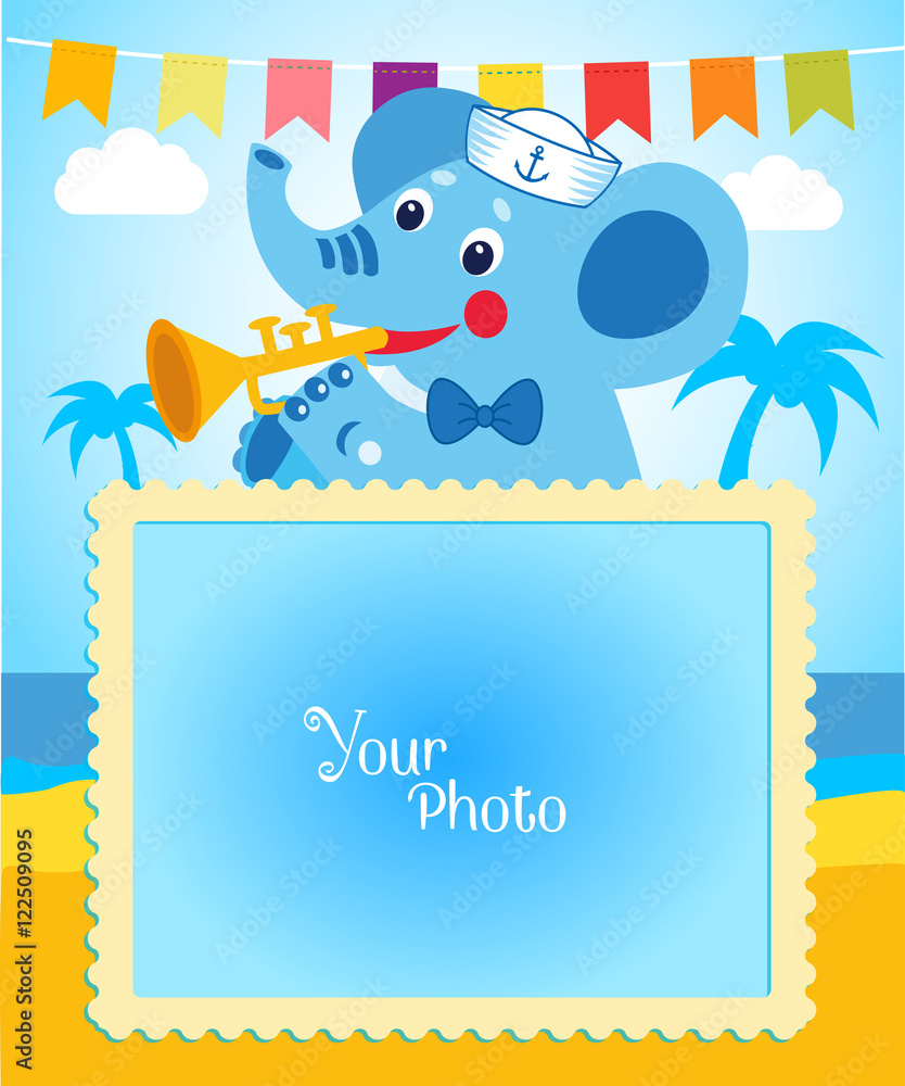 Cute Summer Vector Frame. Cartoon Elephant Vector Illustration ...