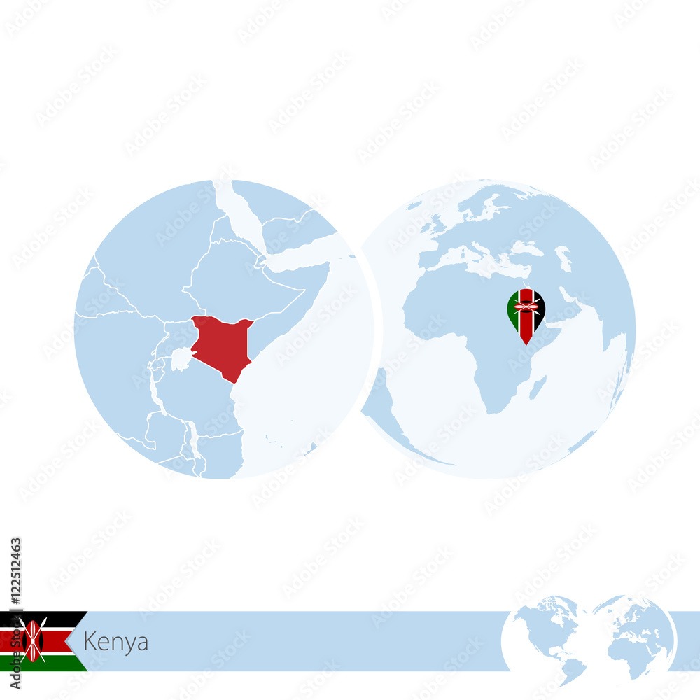 Kenya on world globe with flag and regional map of Kenya. Stock Vector ...