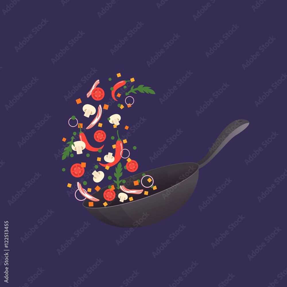 Cooking process vector illustration. Flipping Asian food in a pan ...