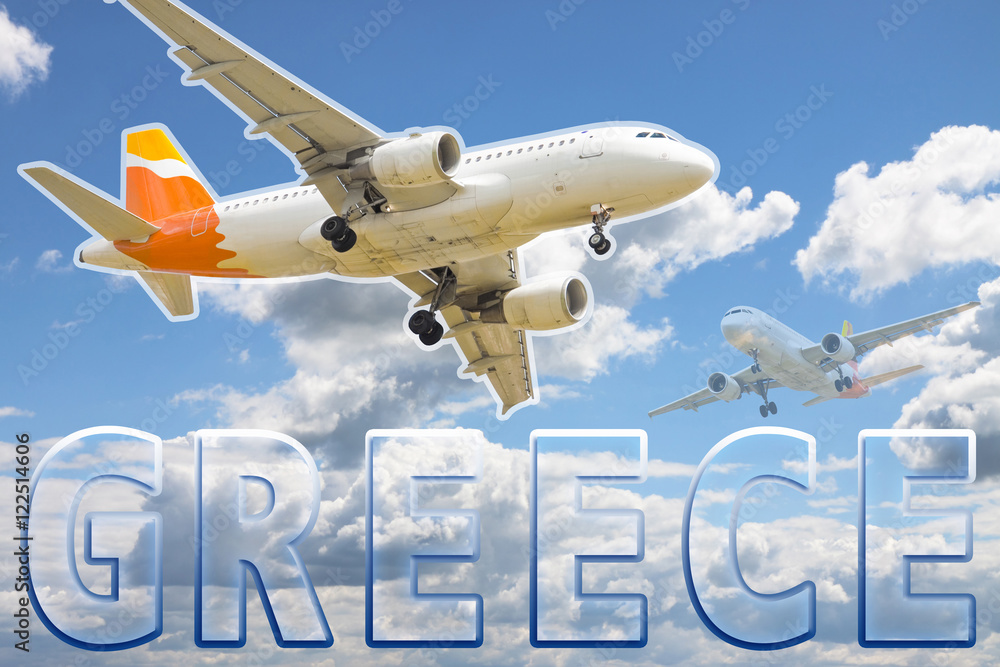 A plane flies over greek skies. Fly to Greece concept image Stock Photo ...